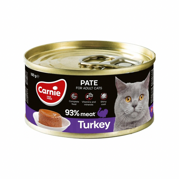 Kaķu konservi pieaugušiem kaķiem pastēte ar tītaru, gaļa 93% 100g – Dārziem